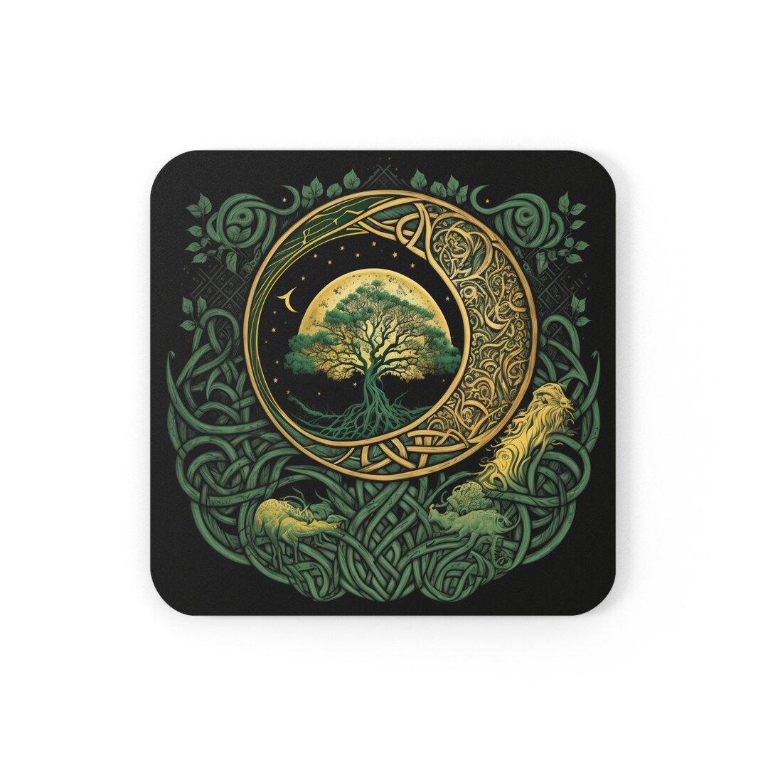 Celtic Green Tree Over the Moon Emblem Cork-back Coaster - Etsy
