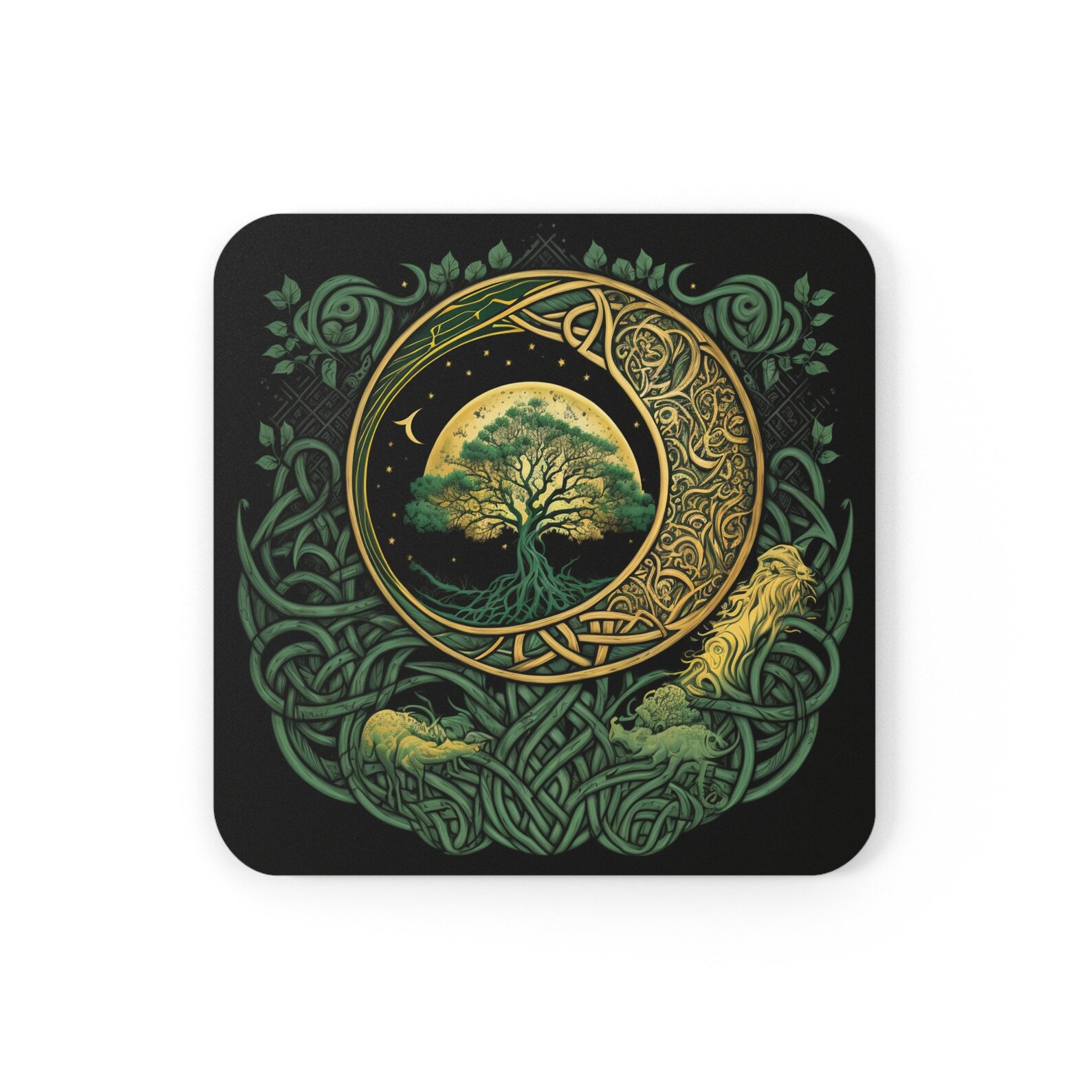 Celtic Green Tree Over the Moon Emblem Cork-back Coaster - Etsy