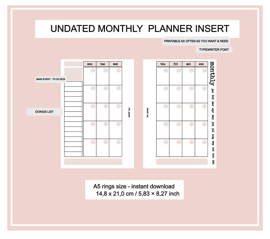 Monthly Calendar Insert Monthly Overview Undated A5 Planner Typewriter ...