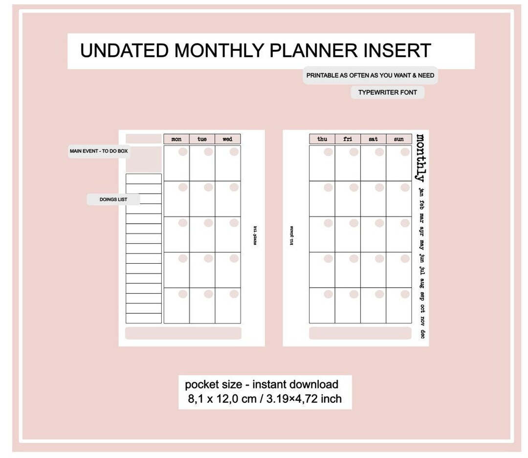 Monthly Calendar Insert Monthly Overview Monthly Undated Pocket Planner ...