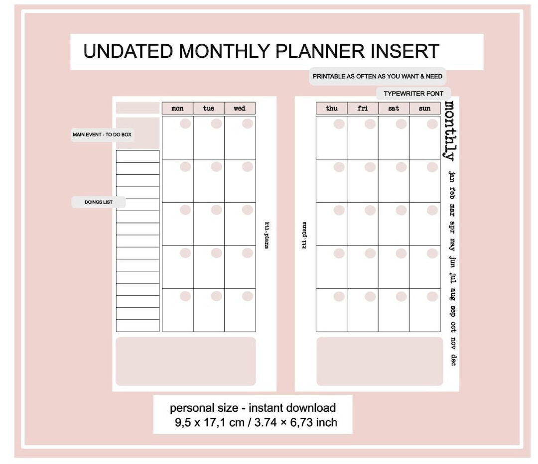 Monthly Calendar Insert Monthly Overview Monthly Undated Personal ...