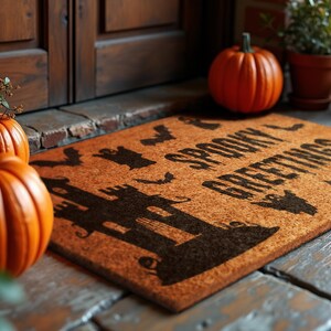 Spooky Greetings Door Mat, Ghost House Welcome Funny Halloween Coir Mat ...