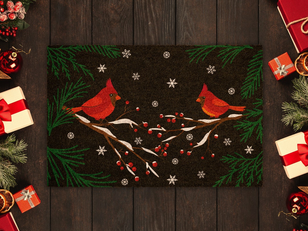 Christmas Cardinal Birds, Christmas Snow Dark Night Coir Door Mat ...