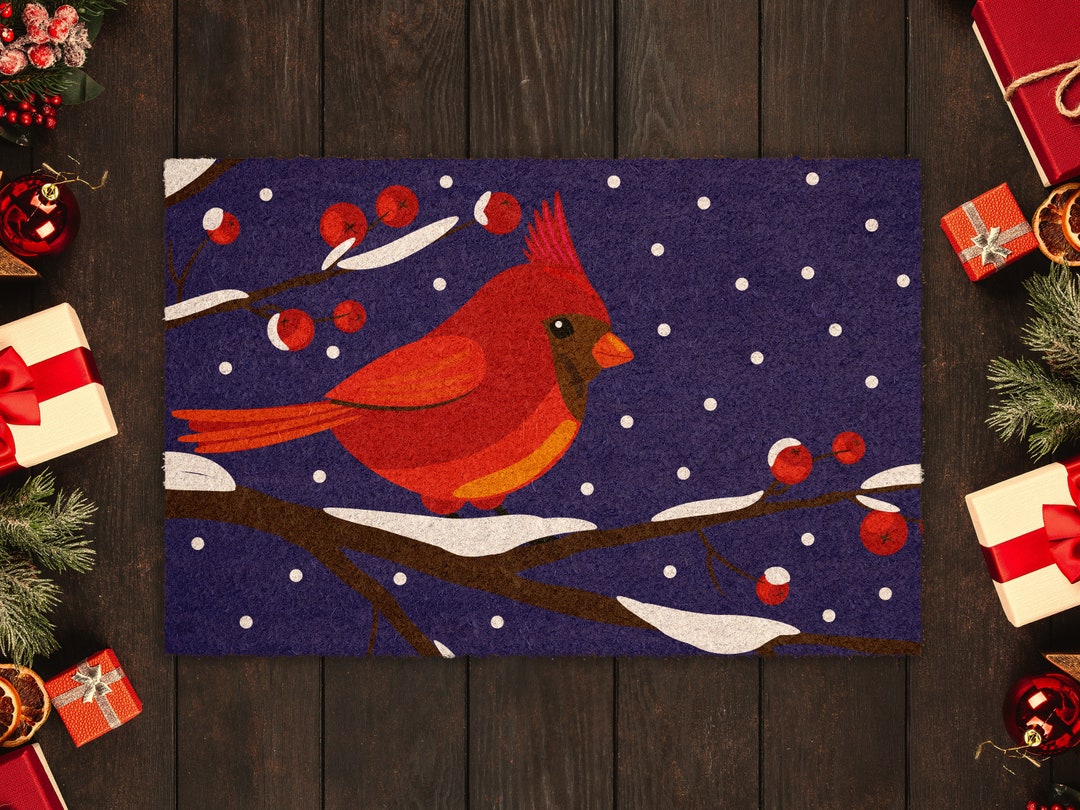 Christmas Cardinal Bird Night, Christmas Snow Coir Door Mat, Front Door ...