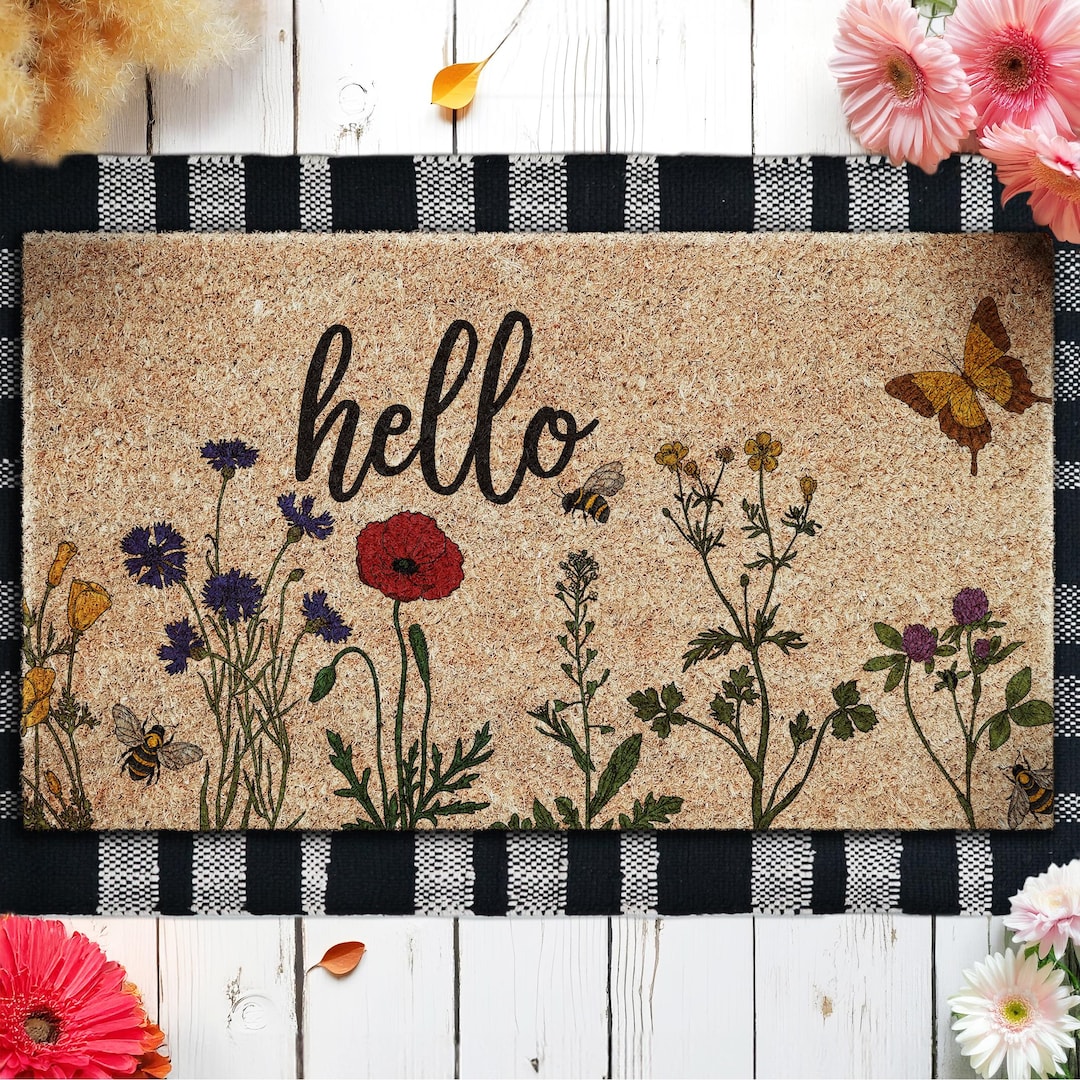Wildflower Coir Doormat, Rustic Floral Entryway Rug - Etsy