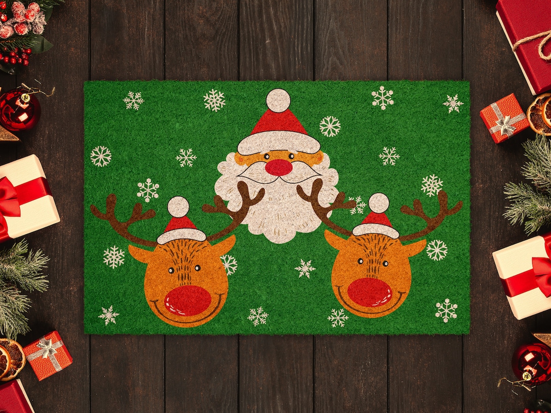 Christmas Santa and Reindeer, Christmas Snow Coir Door Mat, Front Door ...