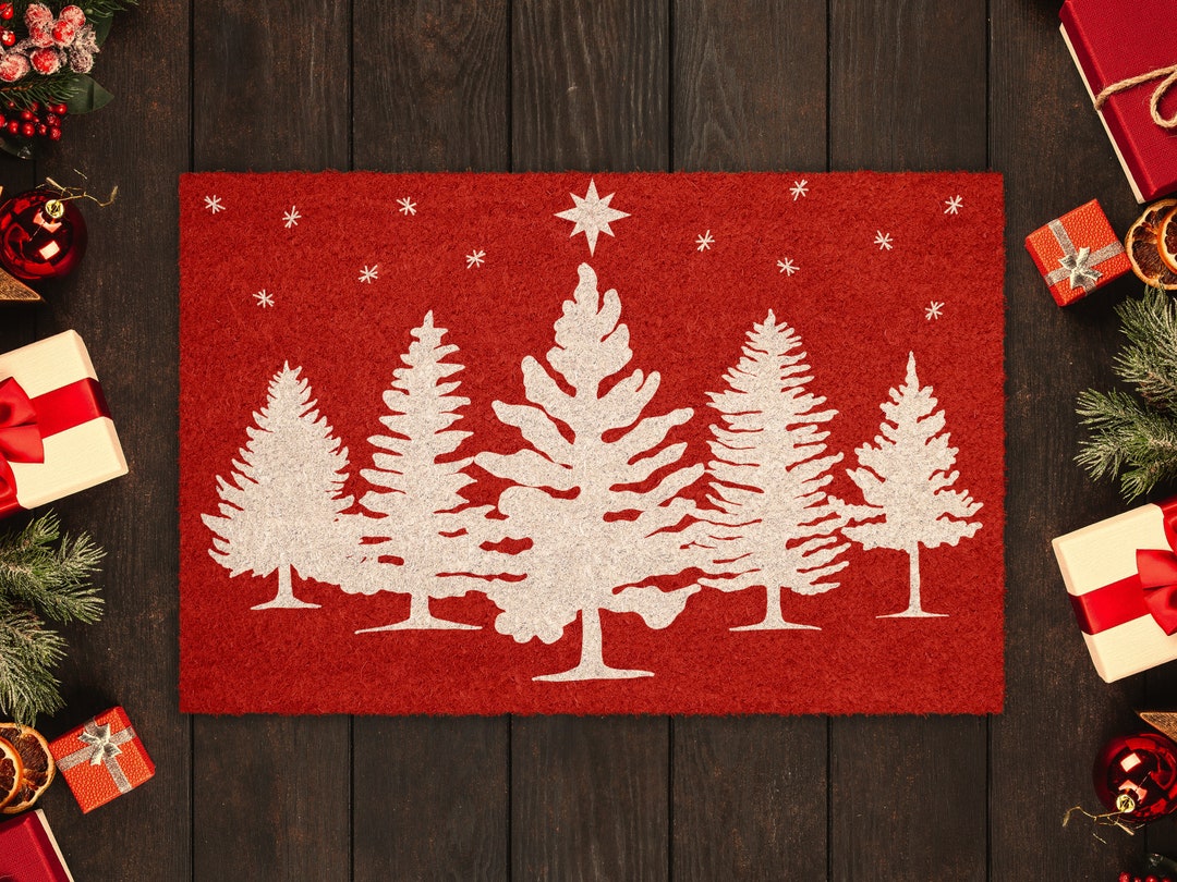 Christmas Doormat Pine Tree, Christmas Snow Coir Door Mat, Front Door ...