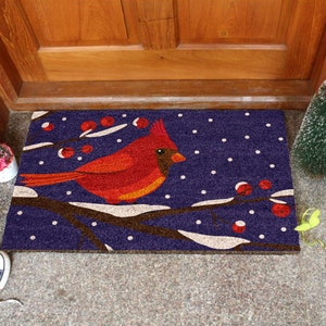 Christmas Cardinal Bird Night, Christmas Snow Coir Door Mat, Front Door ...
