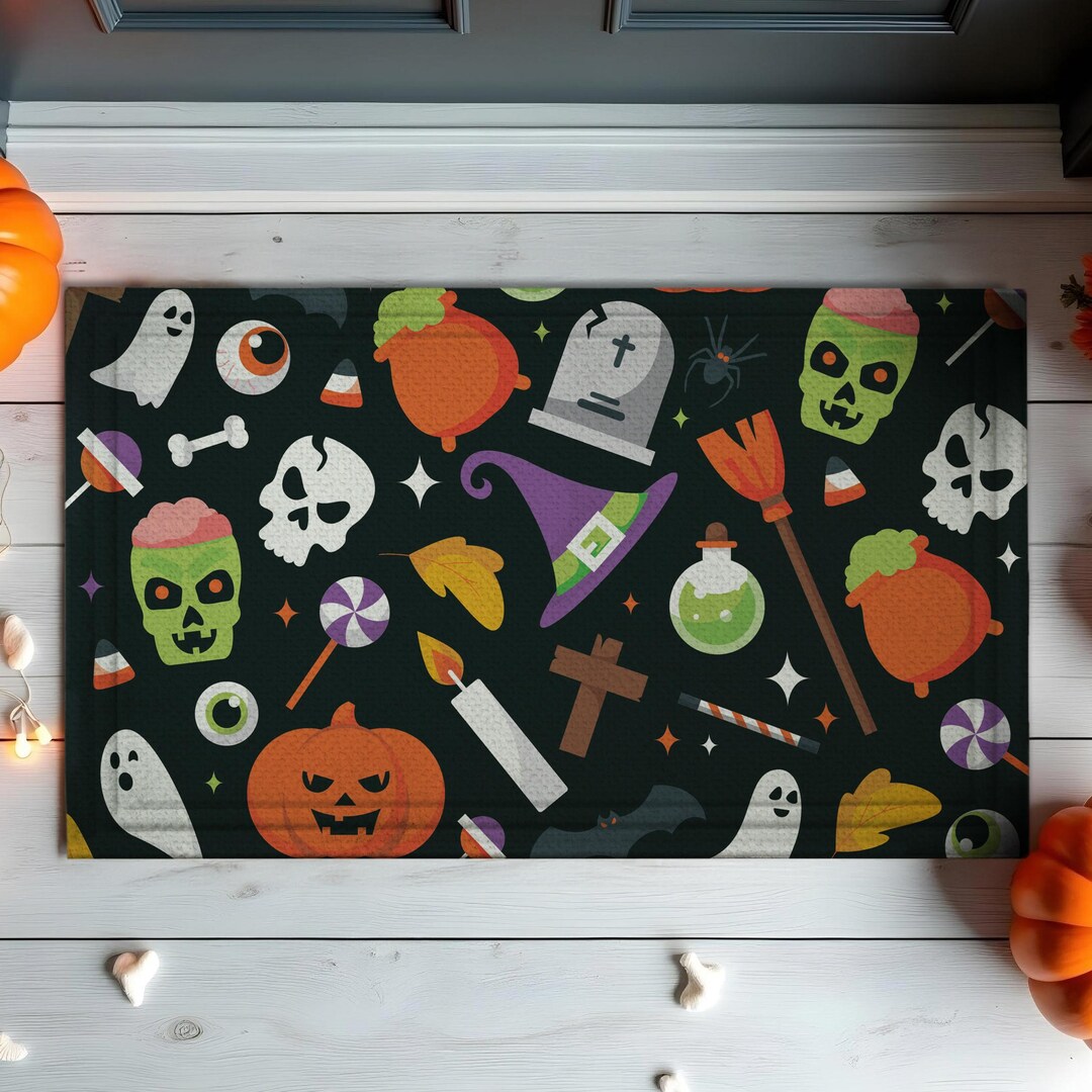 Halloween Ghost Candy and Skull Mat, Spirit, Welcome Halloween Mat ...