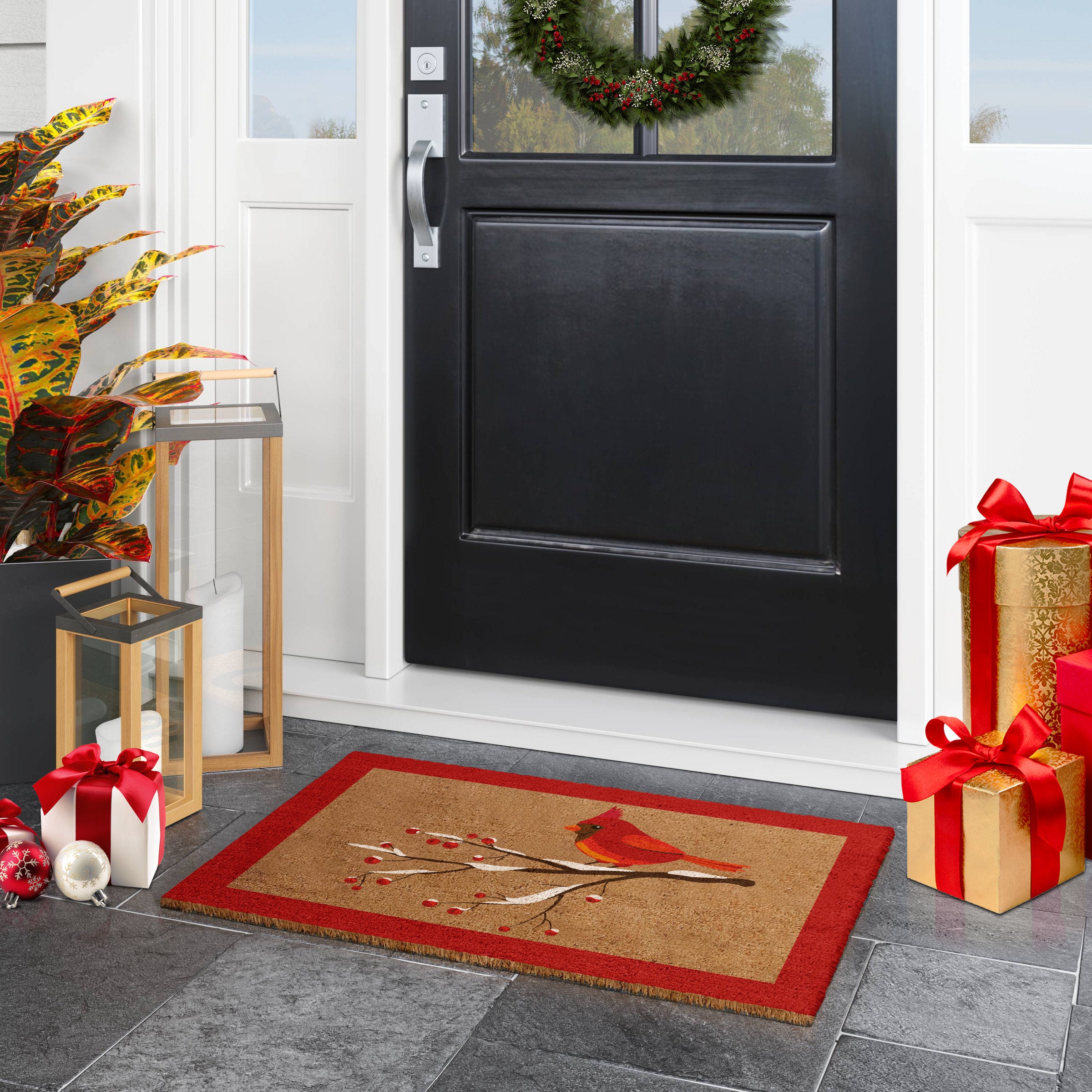 Christmas Cardinal Bird, Christmas Snow Coir Door Mat, Front Door Mat ...