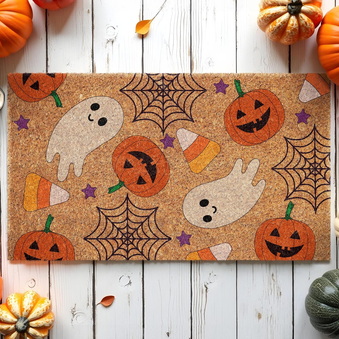 Spooky Halloween Door Mat, Ghost and Bats Halloween Pumpkin Coir Mat ...