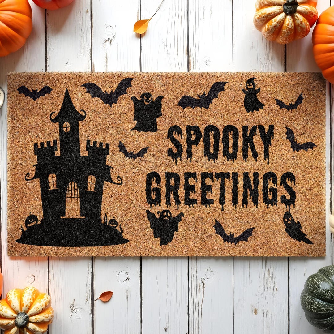 Spooky Greetings Door Mat, Ghost House Welcome Funny Halloween Coir Mat ...