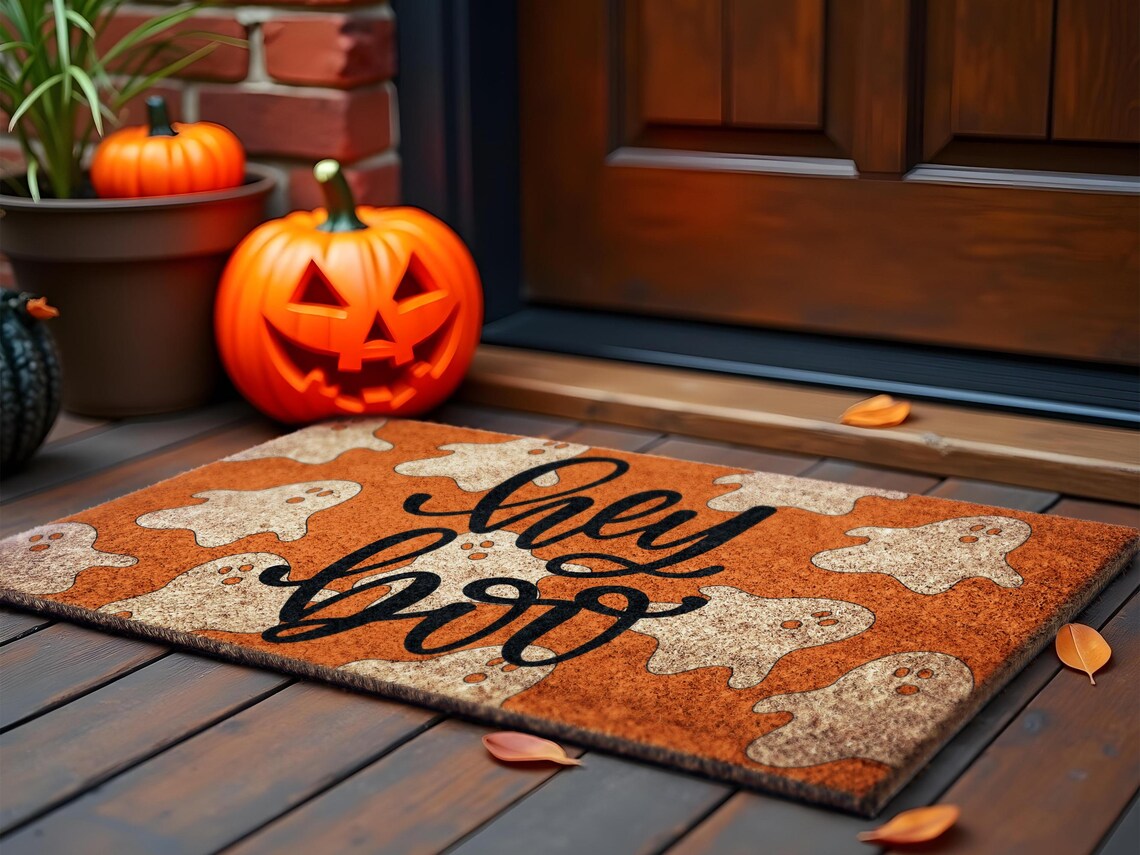 Cute Ghost Hey Boo Coir Mat, Welcome Funny Halloween Coir Mat, Happy ...