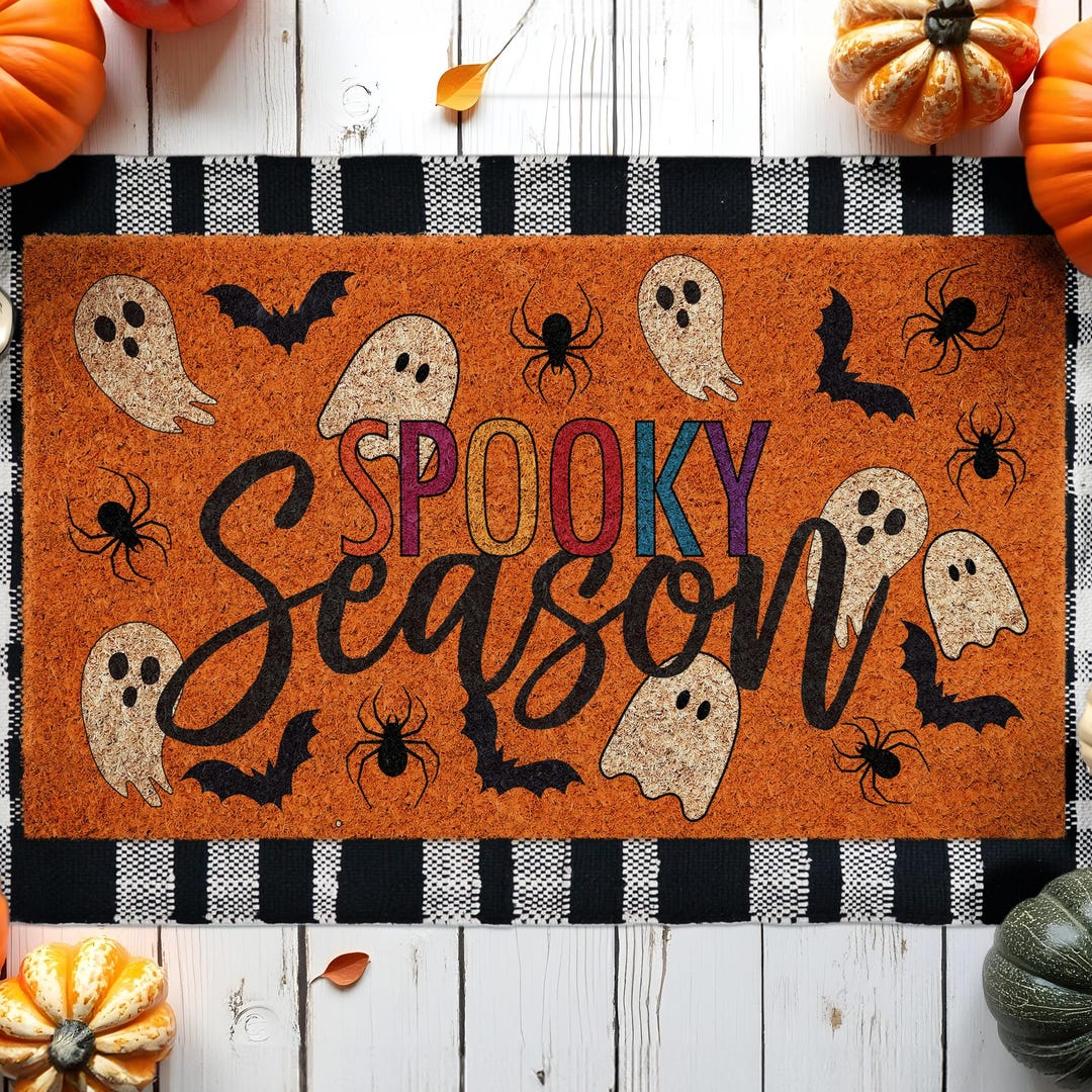 Spooky Halloween Door Mat, Ghost and Bats Halloween Pumpkin Coir Mat ...