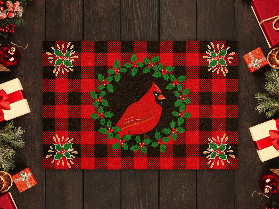 Christmas Cardinal Bird, Christmas Snow Coir Door Mat, Front Door Mat ...
