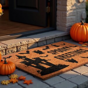 Spooky Greetings Door Mat, Ghost House Welcome Funny Halloween Coir Mat ...