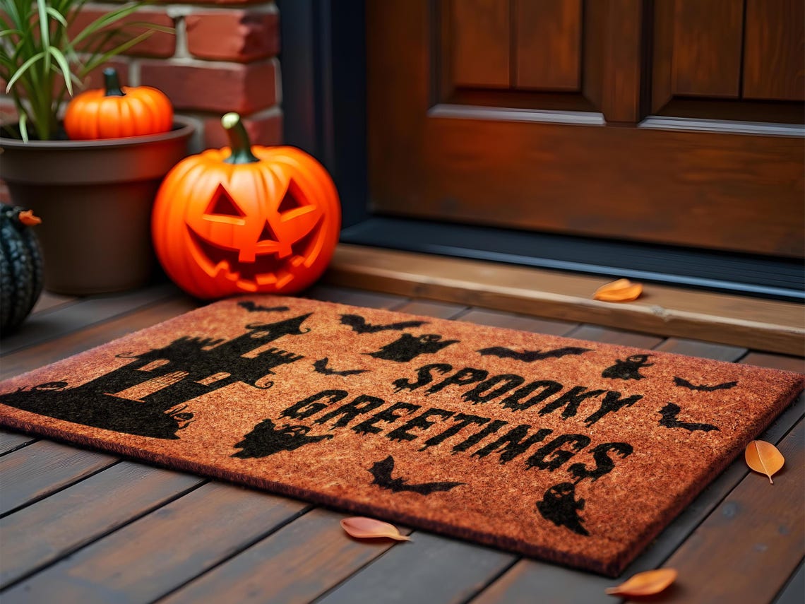 Spooky Greetings Door Mat, Ghost House Welcome Funny Halloween Coir Mat ...