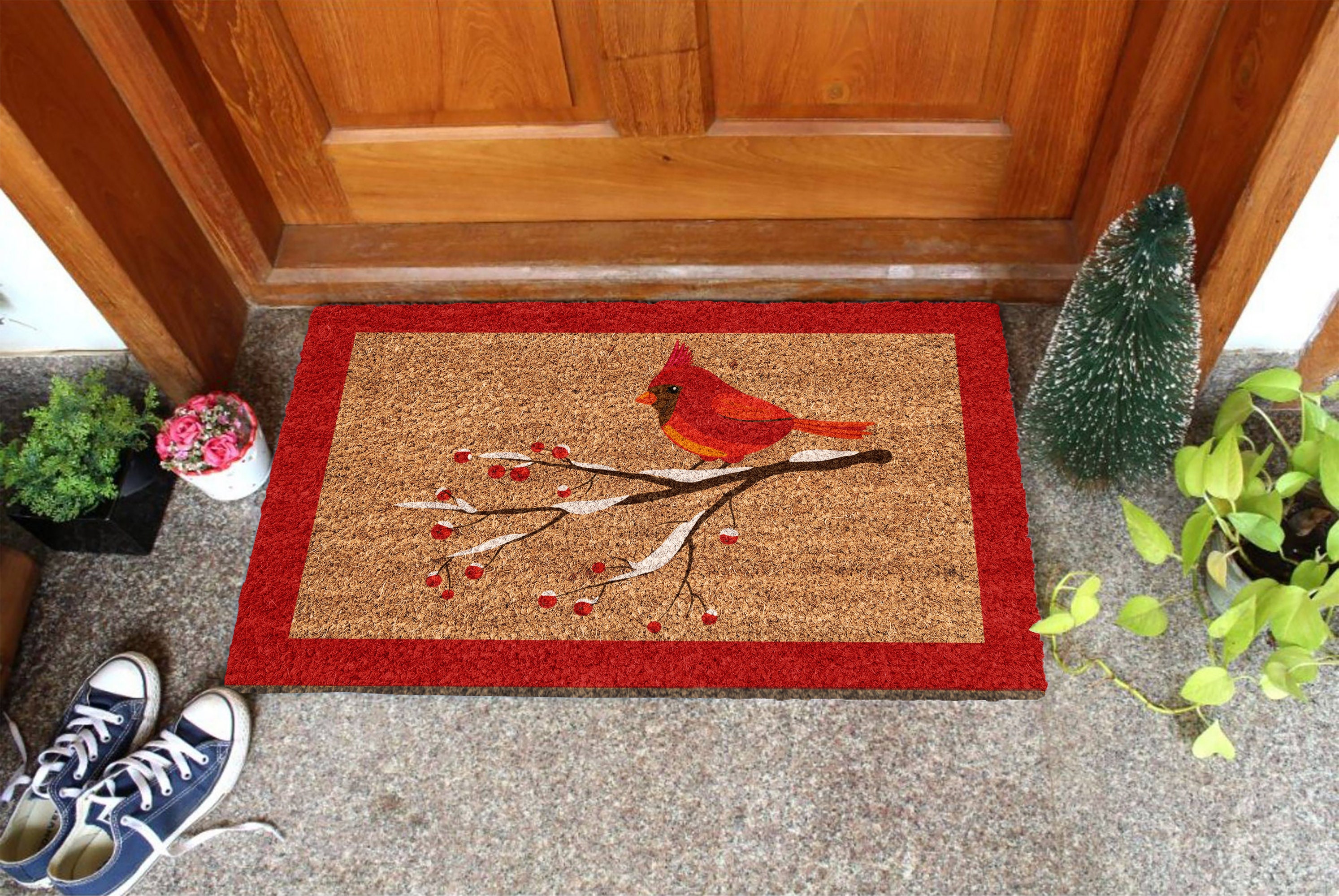 Christmas Cardinal Bird, Christmas Snow Coir Door Mat, Front Door Mat ...