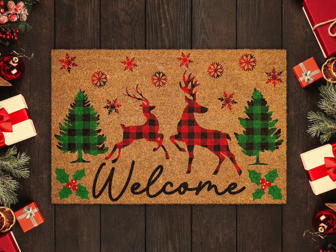 Christmas Welcome Reindeers, Christmas Snow Coir Door Mat, Front Door ...