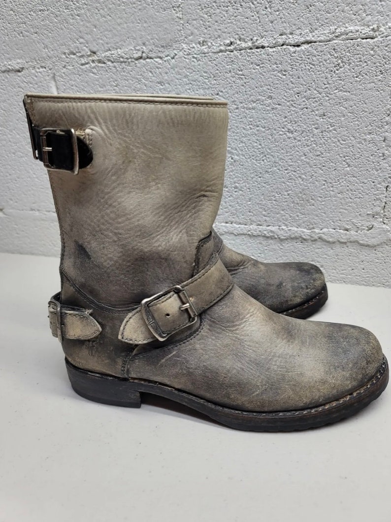 Frye Veronica Distressed Gray Stone Washed Leather Moto Engineer Boots ...