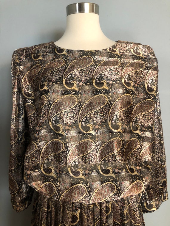 Vintage Brown Paisley Blouson Modest Secretary Dress - Gem