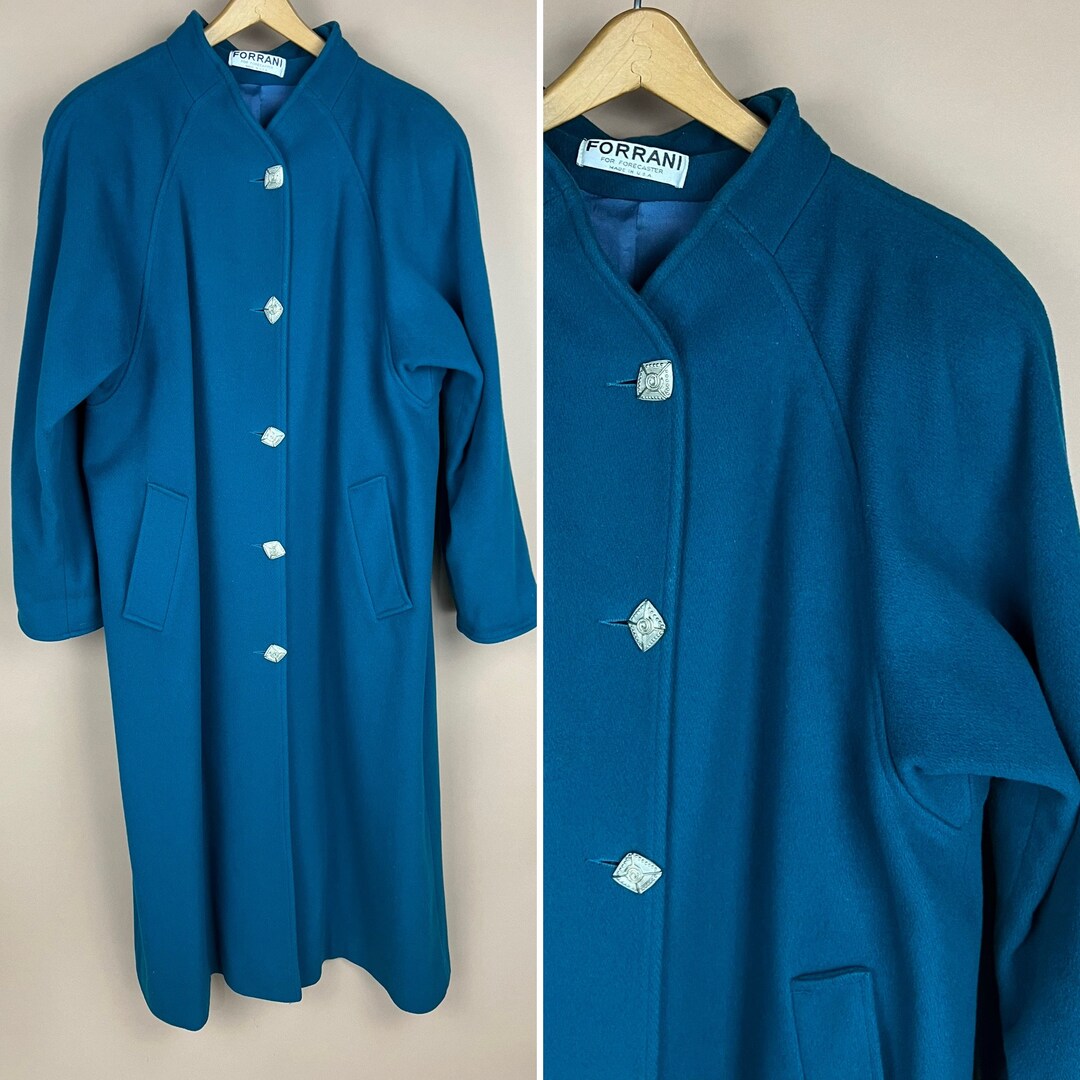 Vintage Women’s 2X Turquoise Blue Wool Long Coat Diamond Swirl Silver ...