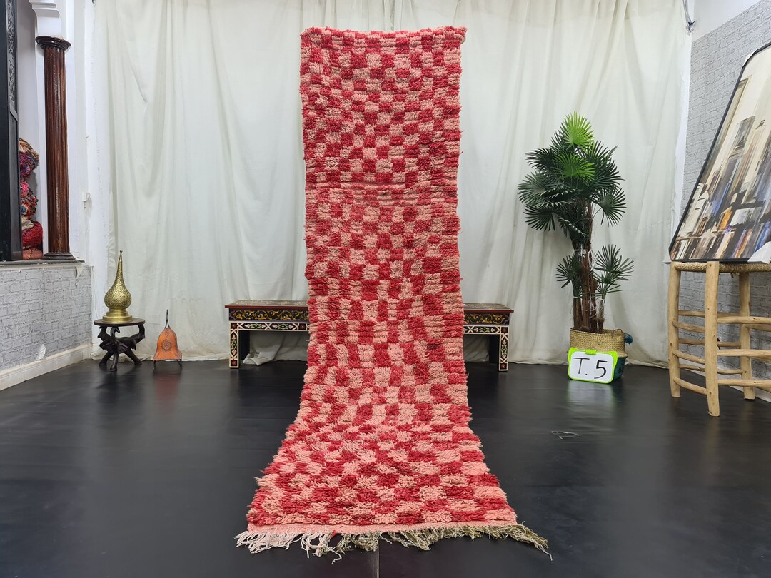 Vintage Moroccan Rug, Handmade Moroccan Runner Rug, Faded Red and Pink ...