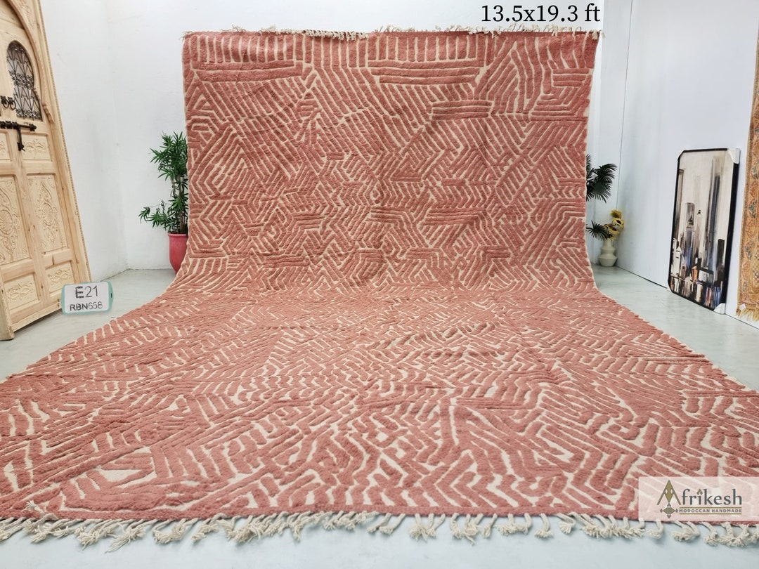 PEACH WOOL RUG 13x19, Large Moroccan Area Rug, Handmade Beni Ourain ...