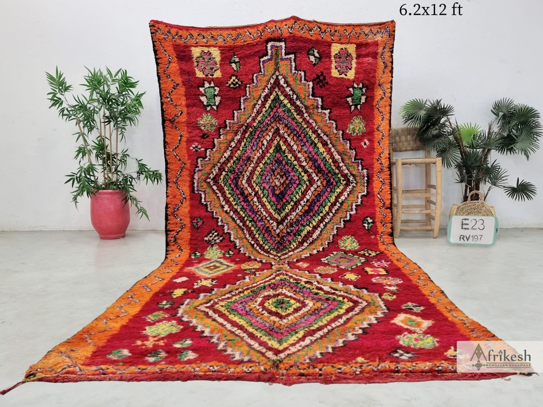 UNIQUE BOHEMIAN RUG 6x12, Hand Knotted Moroccan Rug, Red & Orange ...