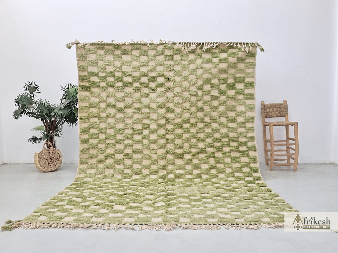 GREEN TUFTED RUG, Moroccan Beni Ourain Rug, Checker Custom Rug ...