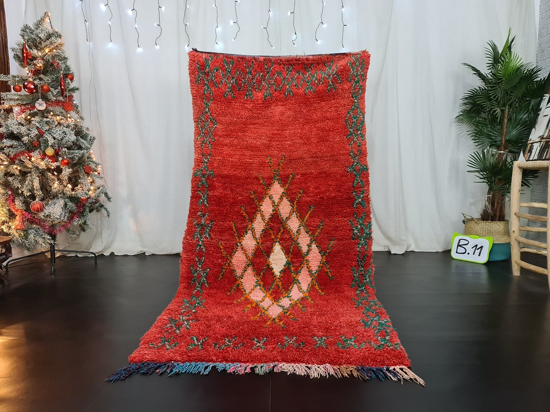 Moroccan Handmade Rug, Geometric Red and Green Rug, Tribal Berber Nomad ...