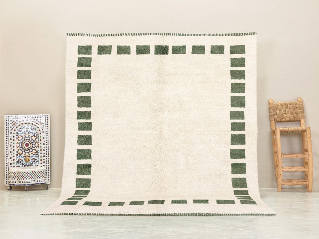GRID PATTERN RUG, Custom Moroccan Rug, White & Green Area Rug, Beni ...