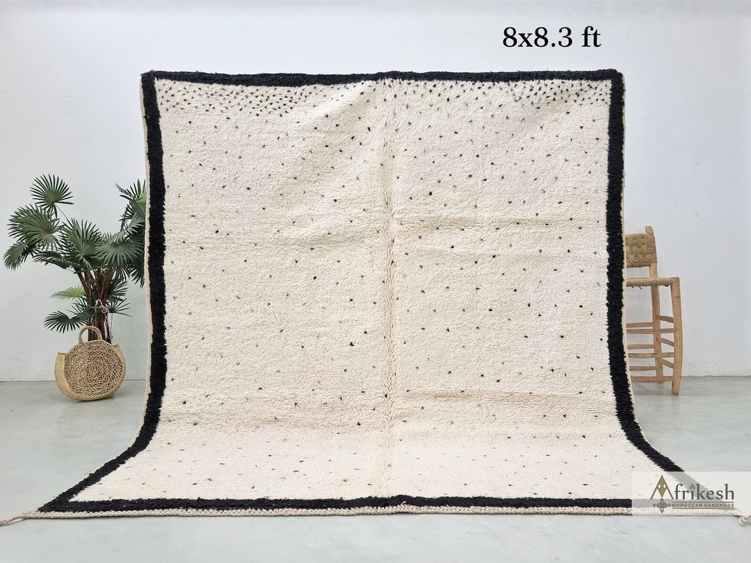 BLACK BORDER CARPET, Moroccan Berber Rug 8x8, Handmade White Area Rug ...