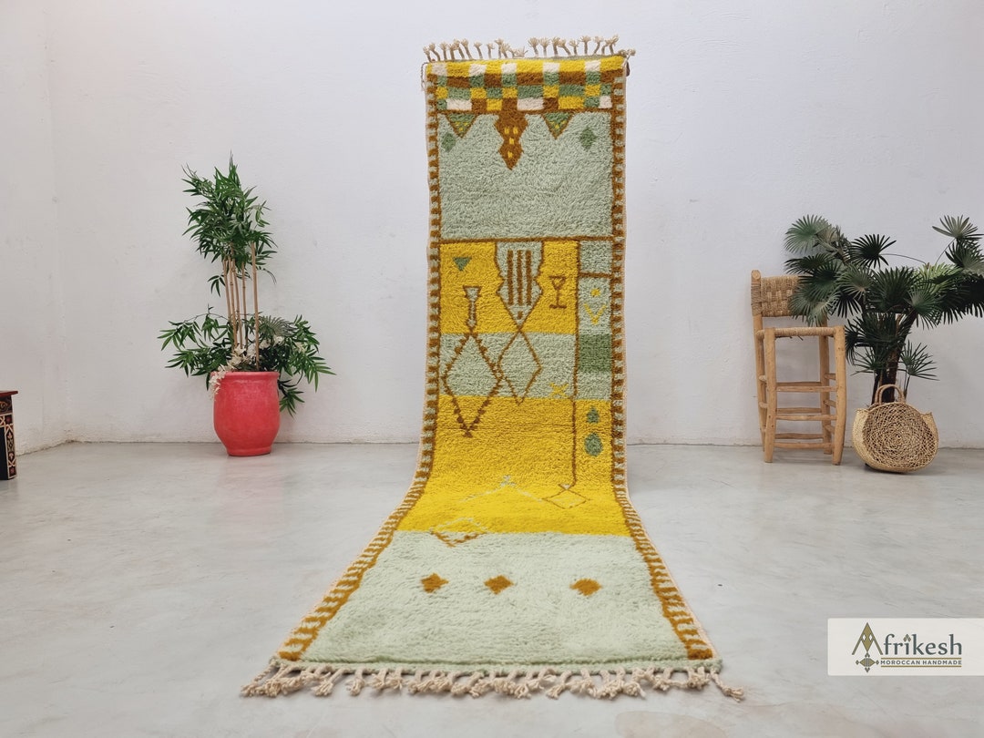 Yellow and Mint Green Beni Ourain Runner Rug - Handmade Moroccan Wool ...