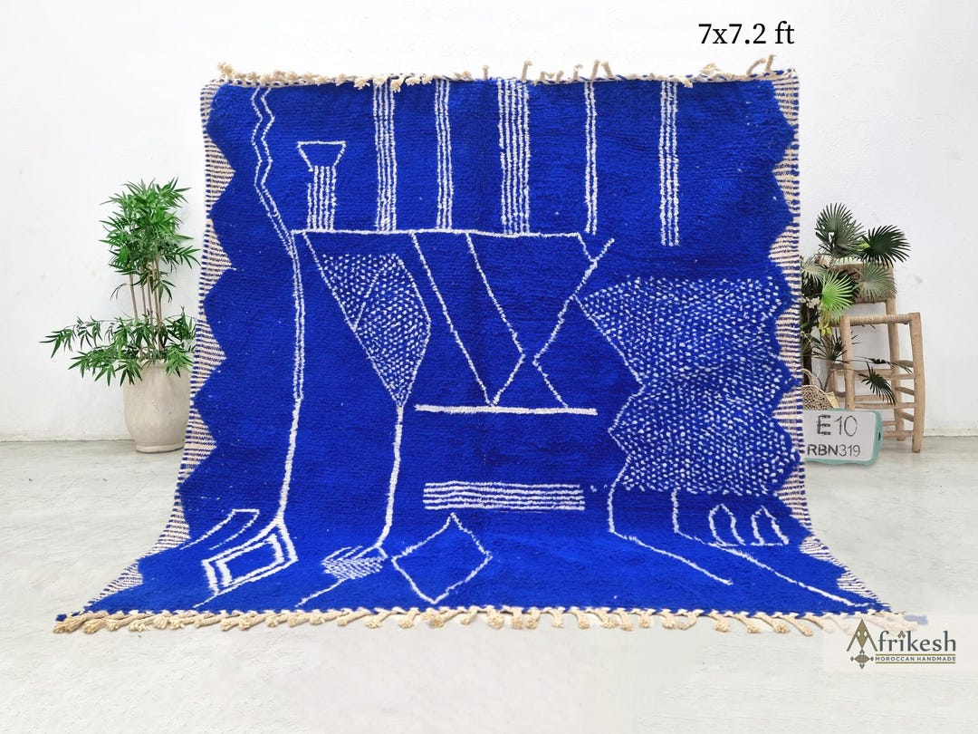 RECTANGULAR WOOL RUG 7x7, Blue Moroccan Rug, Beni Ourain Area Rug ...