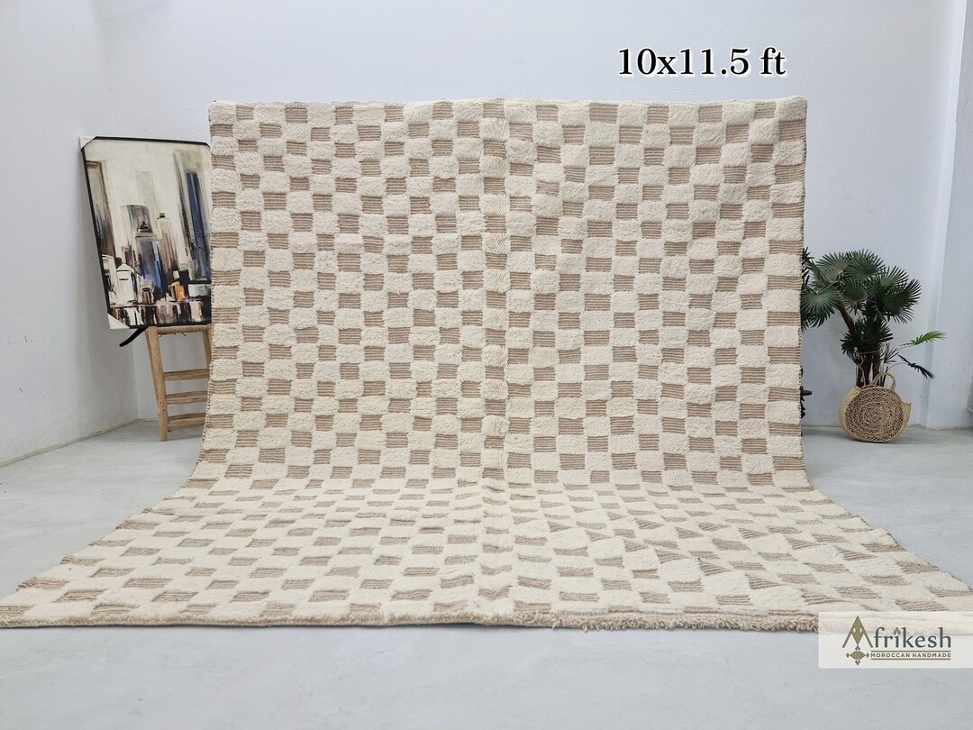 WHITE CHECK RUG, Soft & Chic Moroccan Rug 10x11, Handmade Brown Wool ...