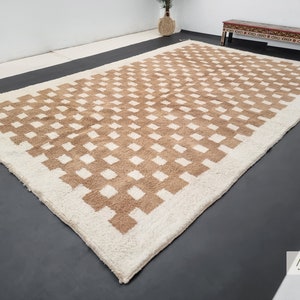 LARGE CHECKERBOARD RUG, Handmade Moroccan Rug 9x14, Boho Brown & White ...