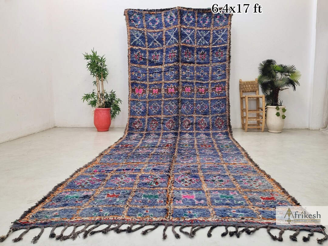 LONG Bluish VINTAGE CARPET, Grid Moroccan Floor Decor 6x17, Hand ...