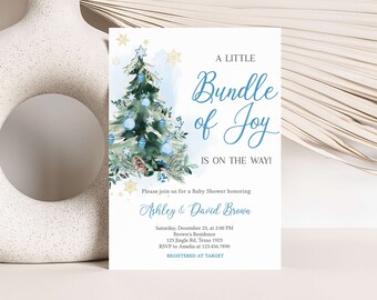 Editable A Little Bundle of Joy Christmas Baby Shower Invitation, Boy ...