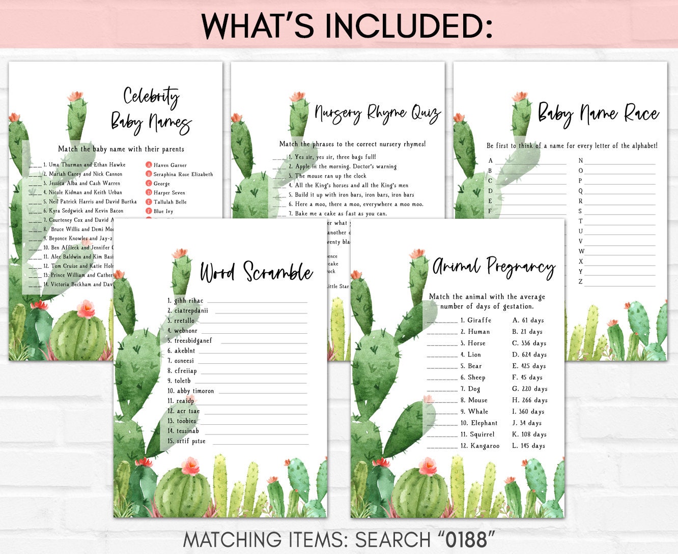 Cactus Baby Shower Games Bundle Succulent Baby Shower Game Pack Rustic ...