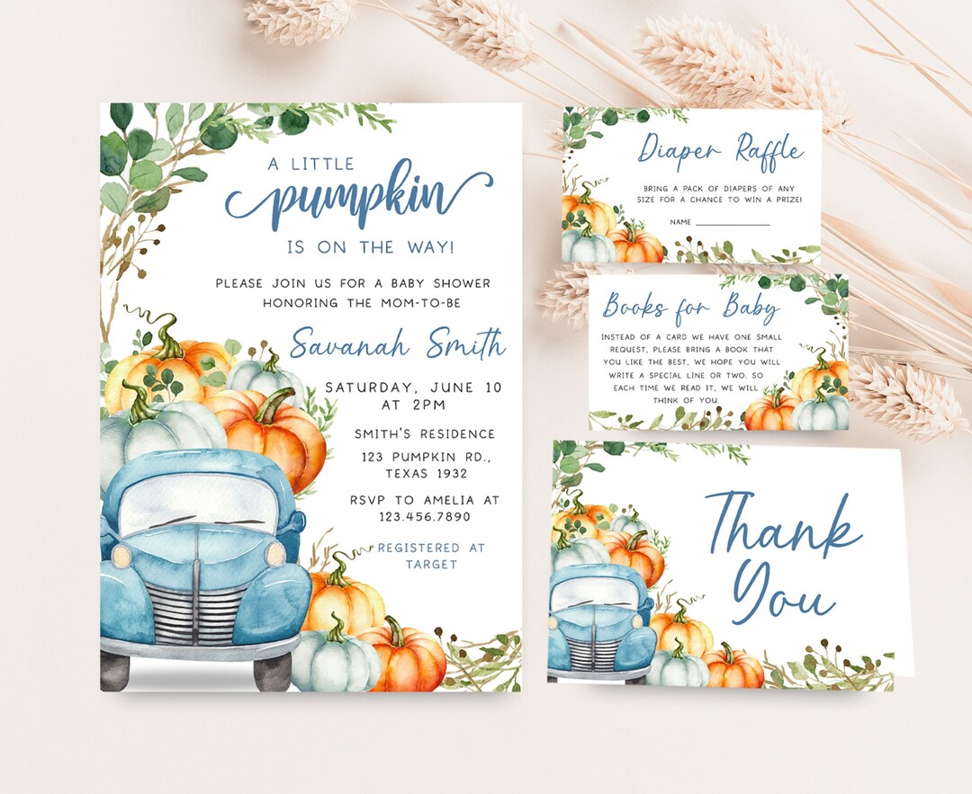 Editable Little Pumpkin Blue Truck Baby Shower Invitation Set - Etsy