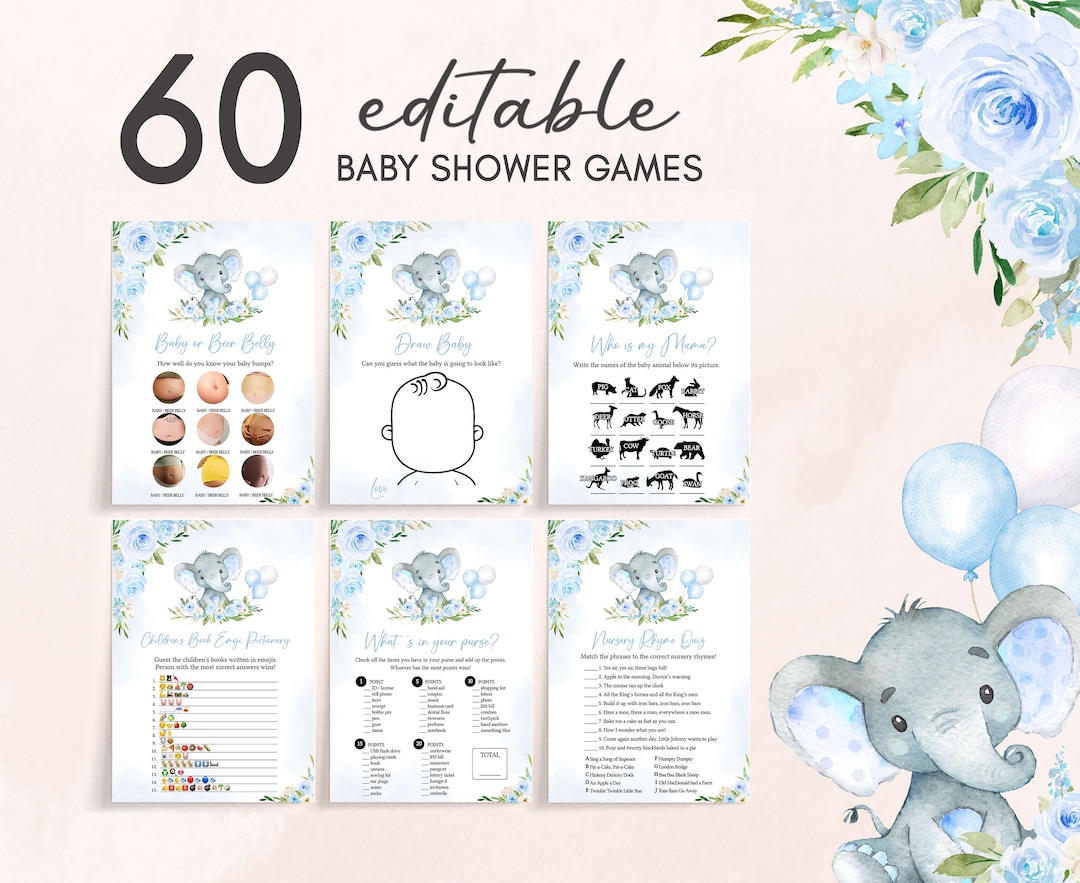 Editable Blue Elephant Baby Shower Games Bundle, Boy Elephant Balloon ...