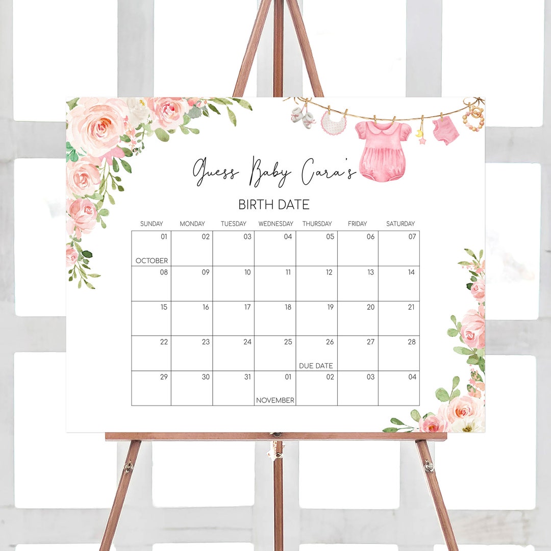 Editable Girl Baby Clothes Baby Shower Due Date Calendar, Boho Baby ...