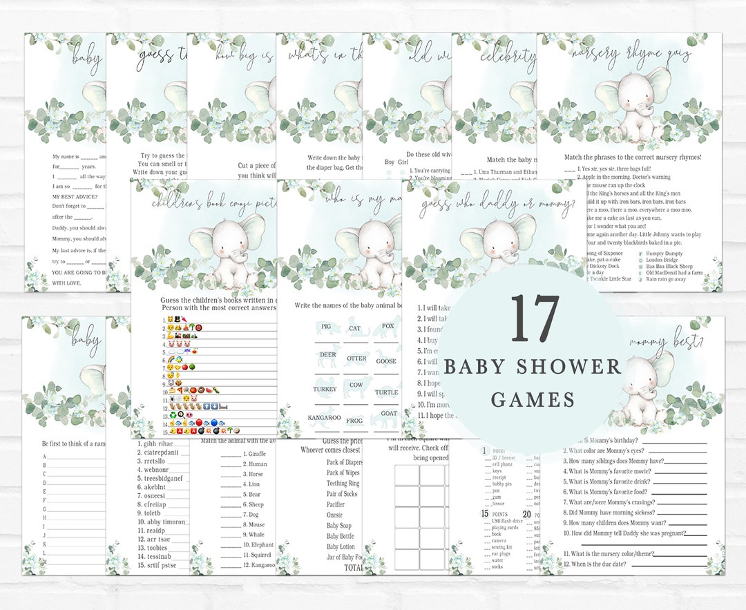Blue Elephant Baby Shower Game Bundle, Boy Baby Shower Activity, Blue ...