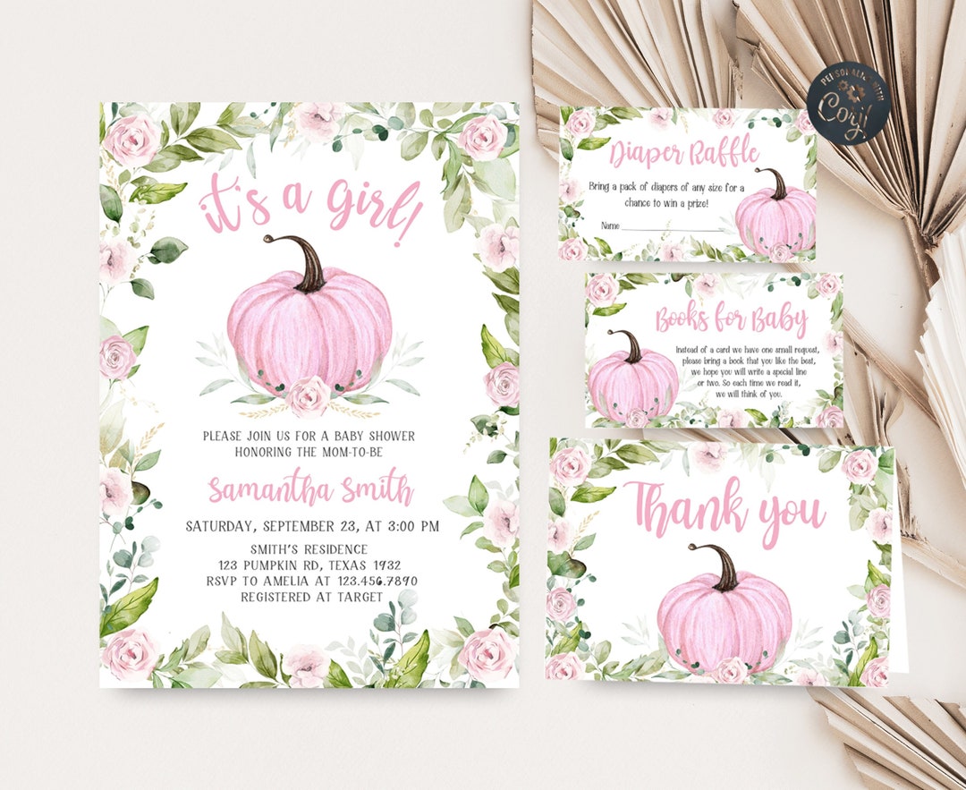 Editable Pink Floral Pumpkin Baby Shower Invitation Bundle, Girl ...