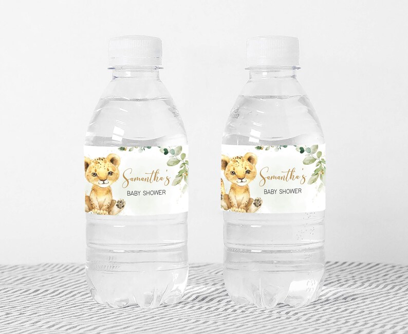 Editable Lion Baby Shower Bottle Label, Greenery Lion Safari Baby ...