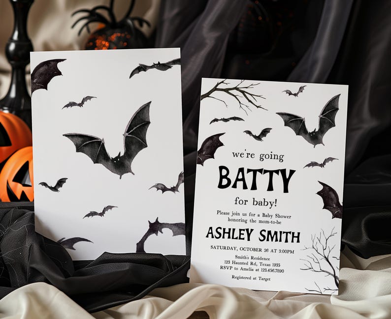 Editable We're Going Batty Halloween Baby Shower Invitation Bundle ...