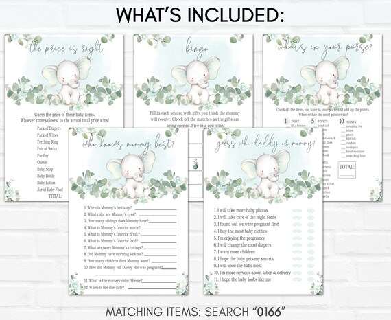 Party Supplies Instant Download 0174 Elephant Baby Shower Game Bundle ...