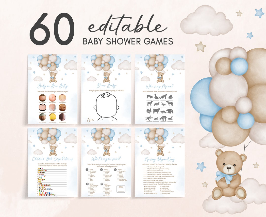 Editable Blue Boy Bear Balloon Baby Shower Games Bundle, We Can Bearly ...