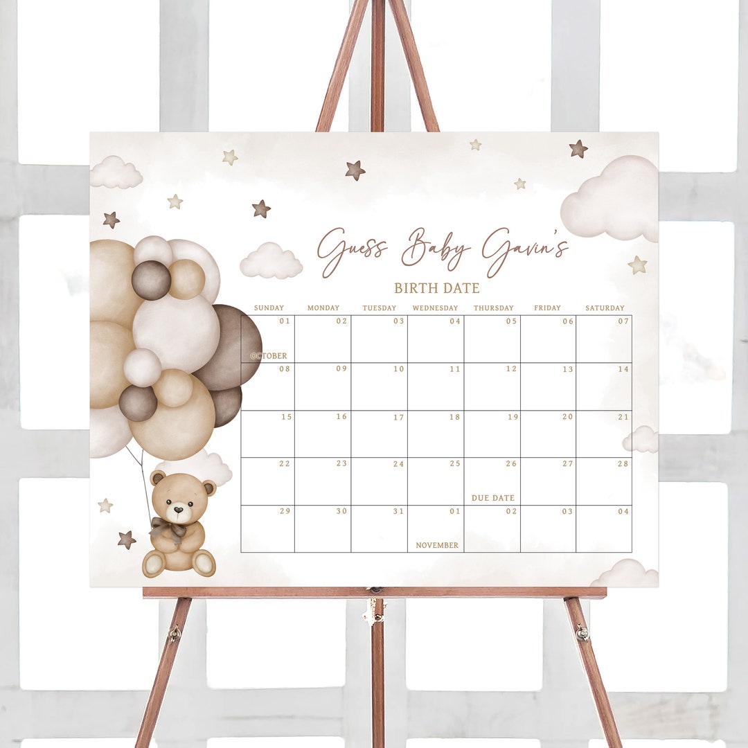 Editable Bear Balloon Baby Shower Due Date Calendar, We Can Bearly Wait ...